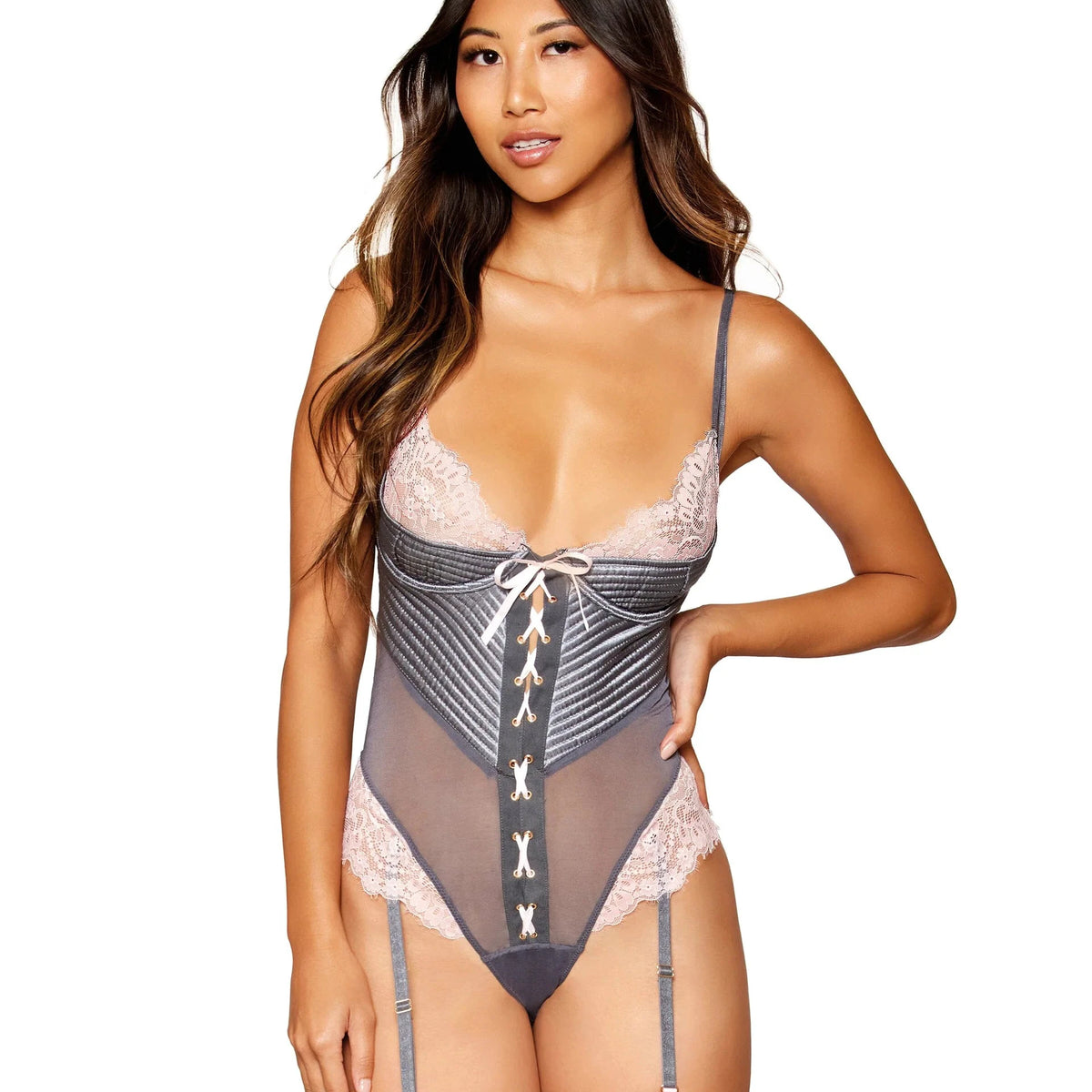 Stretch Satin Mesh And Eyelash Lace Garter Teddy With Quilting Details